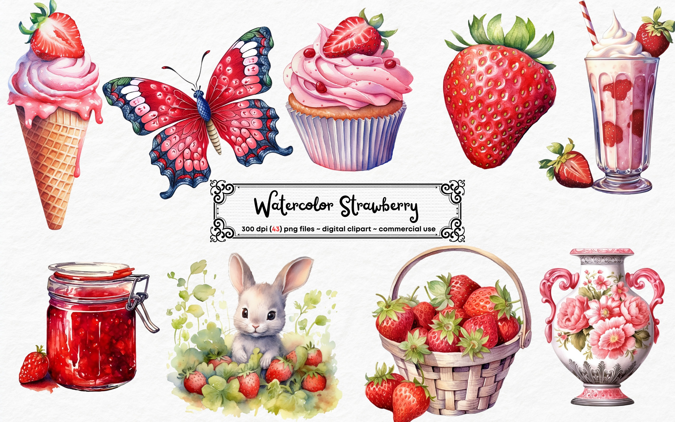 Watercolor Strawberries Clipart Instant Download Commercial - Etsy