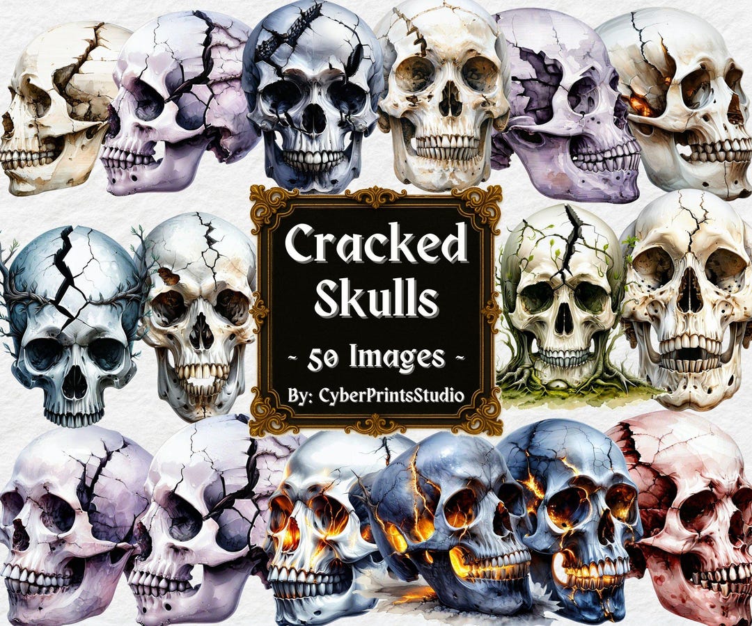 Cracked Skull Clipart Bundle - 50 Watercolor Gothic Skulls PNG, Broken ...