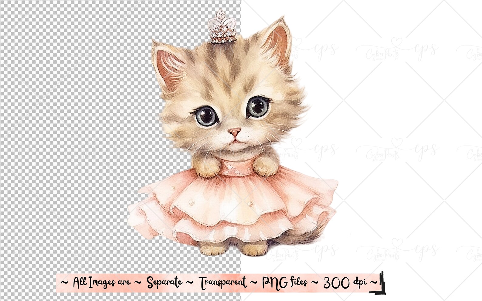 Princess Kittens Watercolor Clipart Png, Kitten Png,cute Kitten Png ...