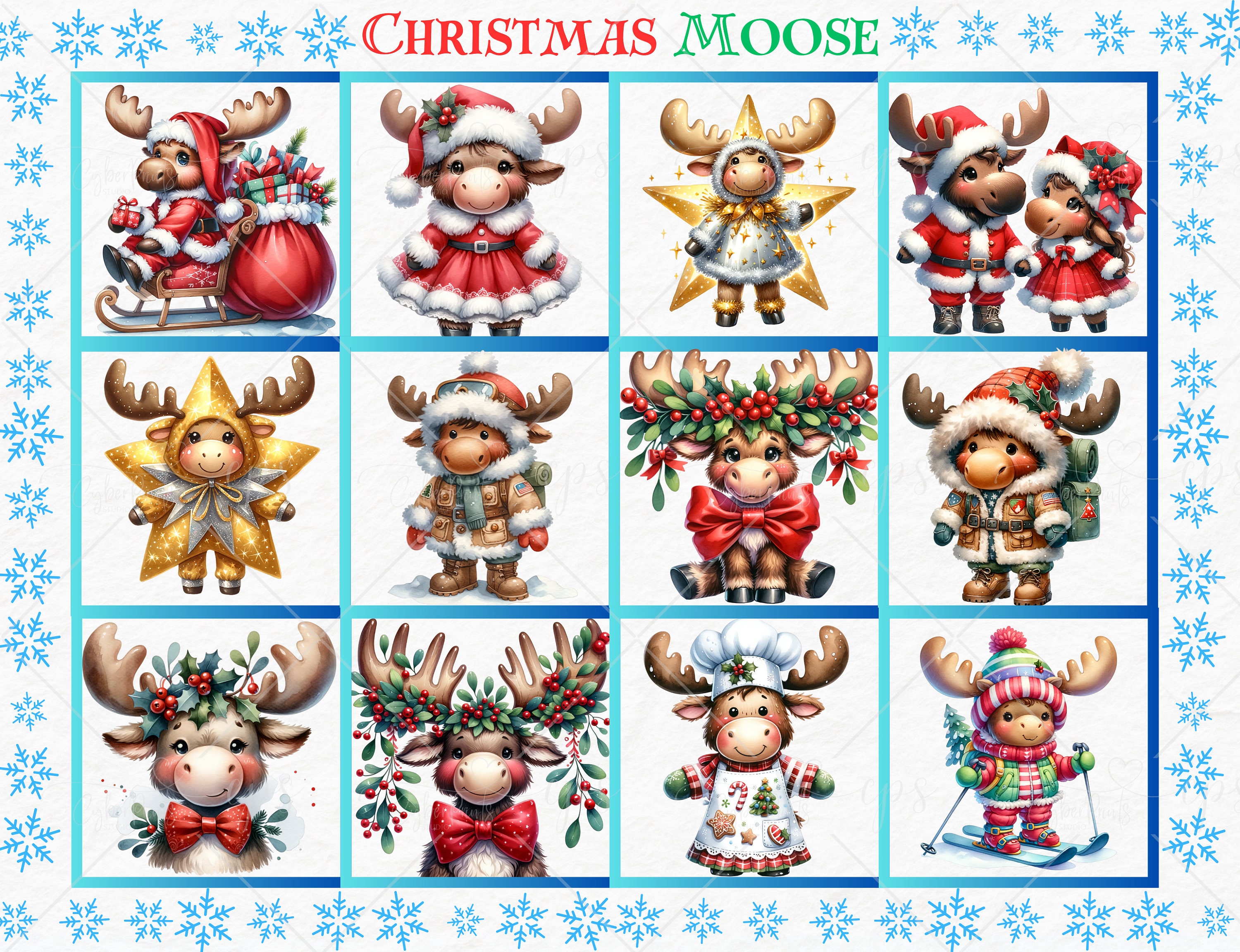 Christmas Moose PNG Clipart, Watercolor Winter Moose Holiday Bundle ...