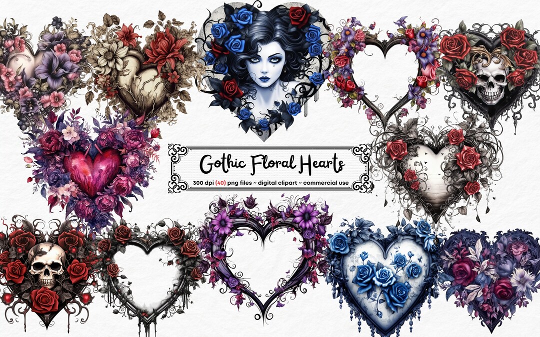 Gothic Floral Hearts Clipart, Gothic Flower Heart Valentine ...