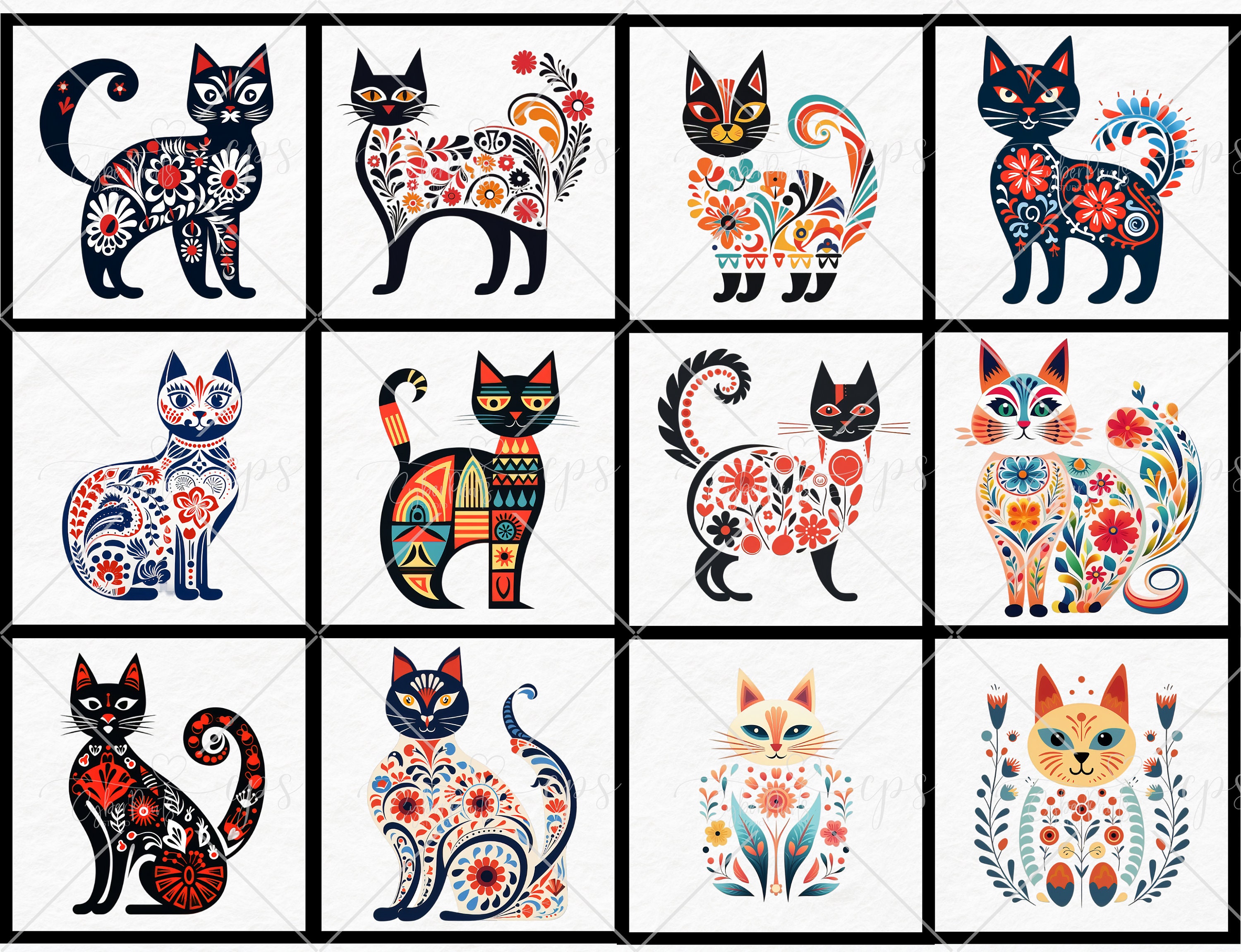 Vibrant Catclipart, Colorful Cat PNG, Detailed Cat, Floral Kitten PNG ...