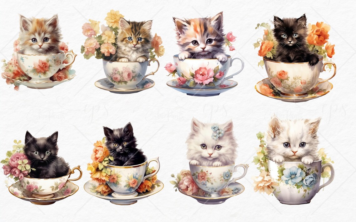 Watercolor Kitten in Teacup Clipart PNG Printable Floral Cat Tea Party ...
