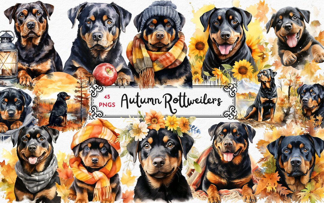 Watercolor Rottweilers in Autumn, Halloween Dogs in Autumn, Instant ...