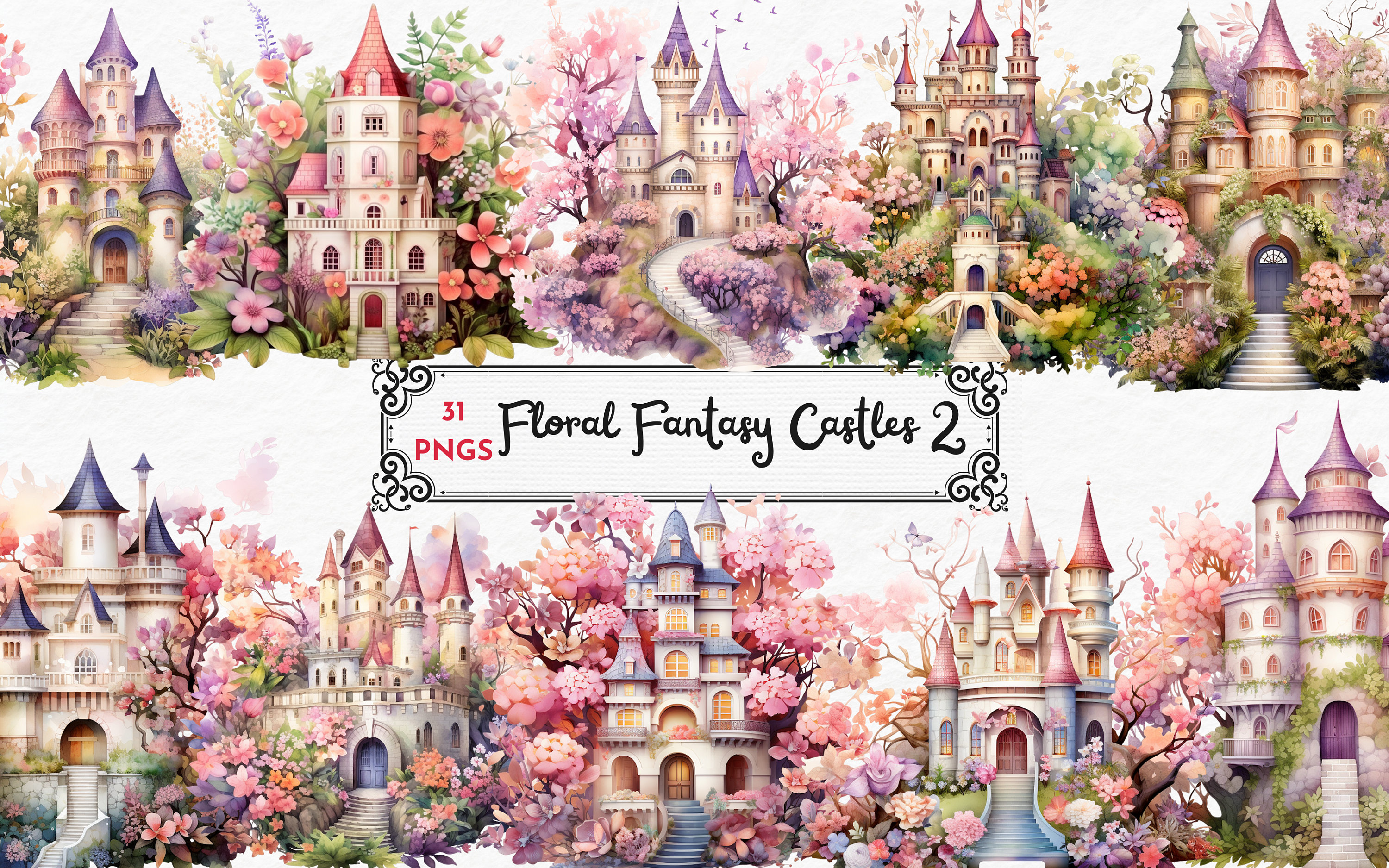 Watercolor Floral Fantasy Castles Clipart Fantasy Castle Night Scenery ...