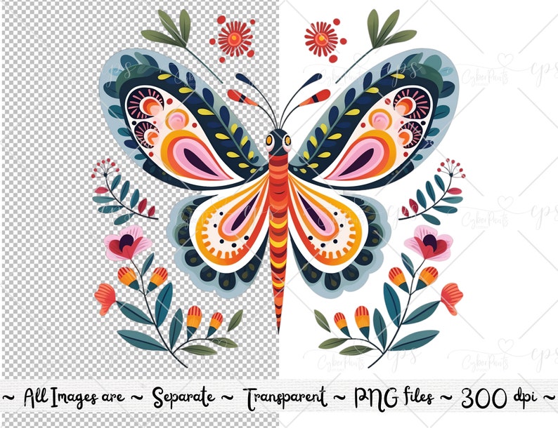 Folk Art Butterfly Clipart Colorful PNG Detailed Floral - Etsy