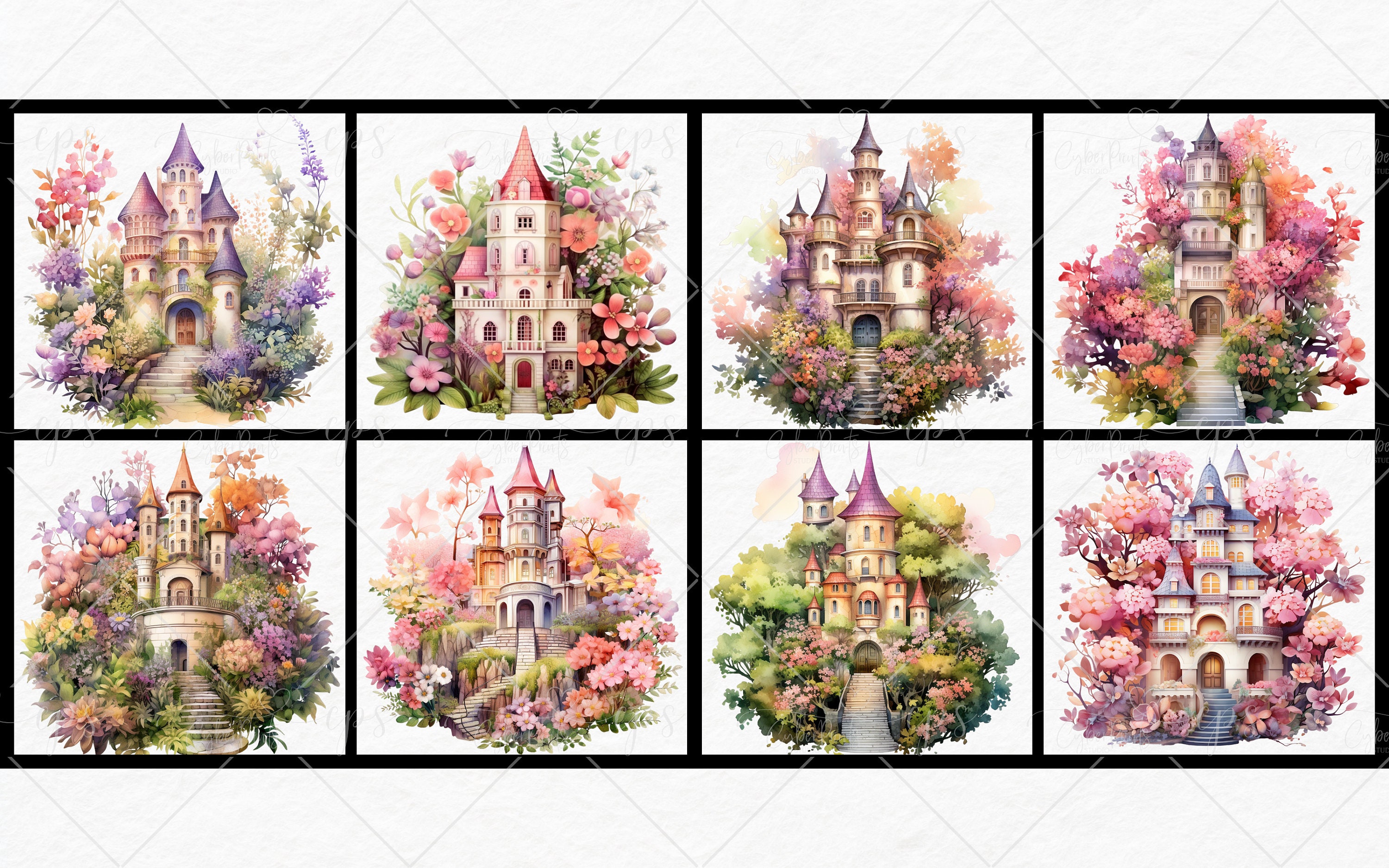 Watercolor Floral Fantasy Castles Clipart Fantasy Castle Night Scenery ...