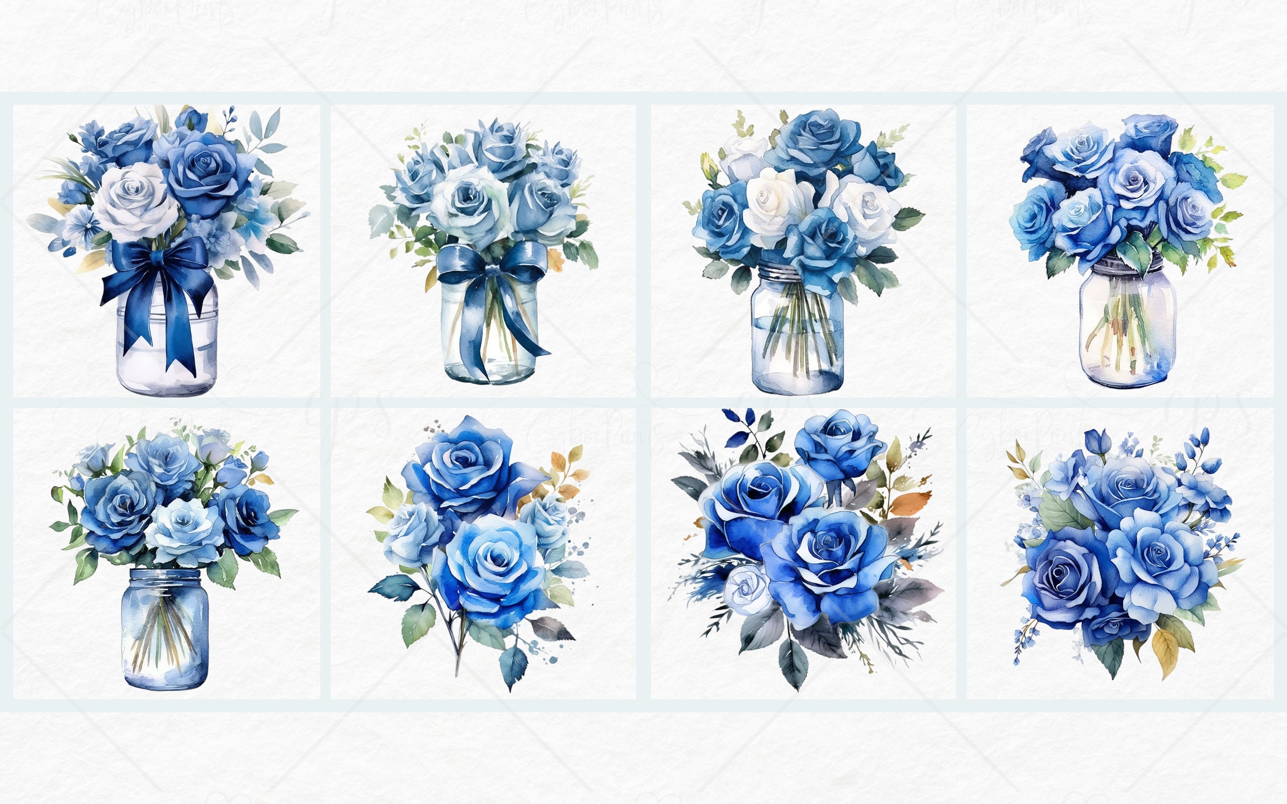 Watercolor Blue Roses Clipart Roses in PNG Format Instant Download for Commercial Use, Blue Rose ...