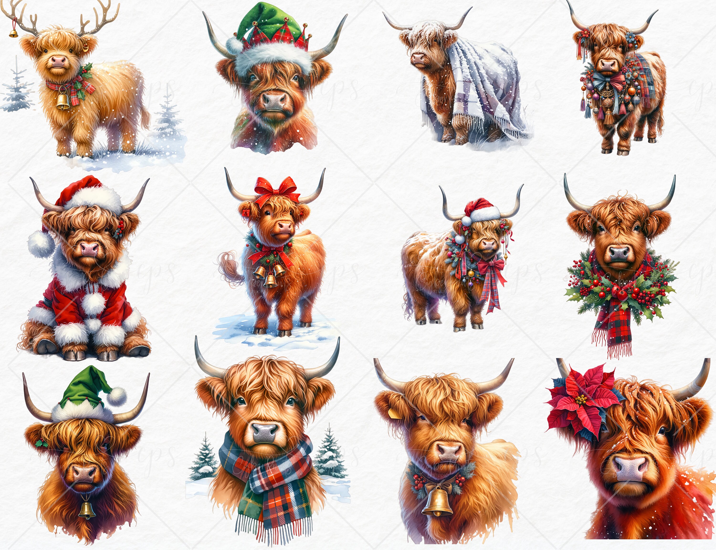 Watercolor Christmas Highland Cows Clipart, XMAS Winter Nursery Bundle ...