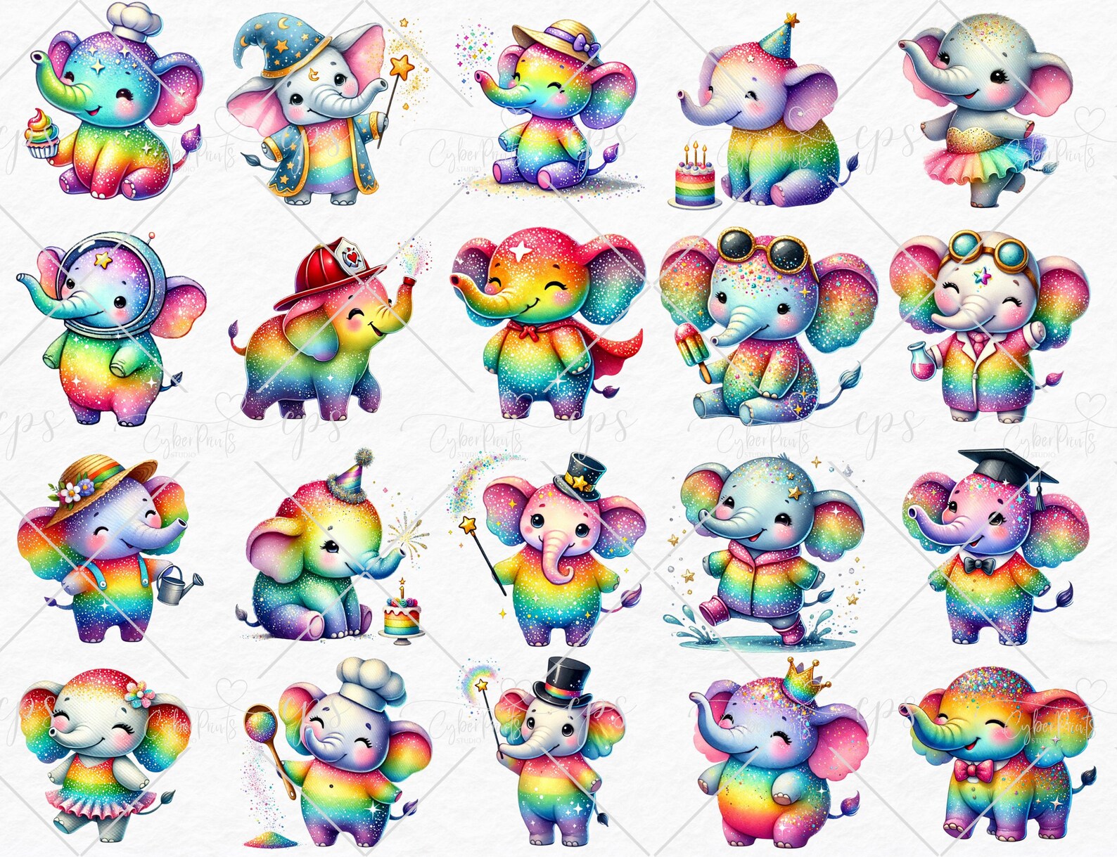 Rainbow Elephant Clipart - Cute Watercolor Elephants PNG - Digital ...