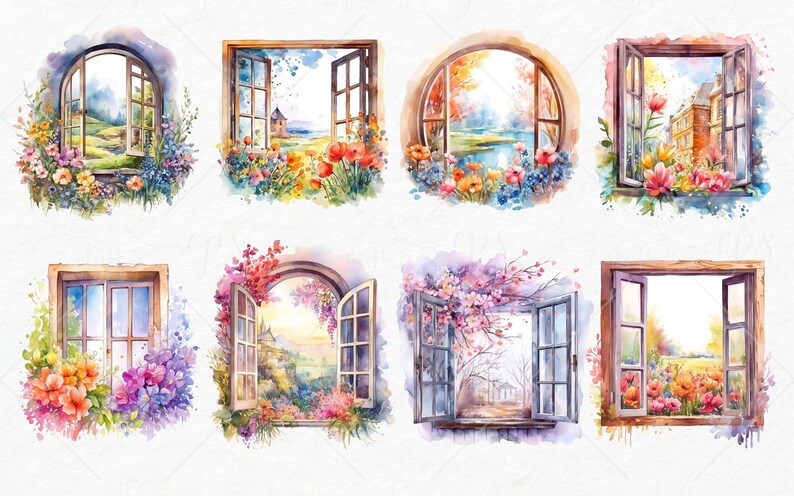 Watercolor Floral Window Clipart PNG Printable Floral Window Art Print ...