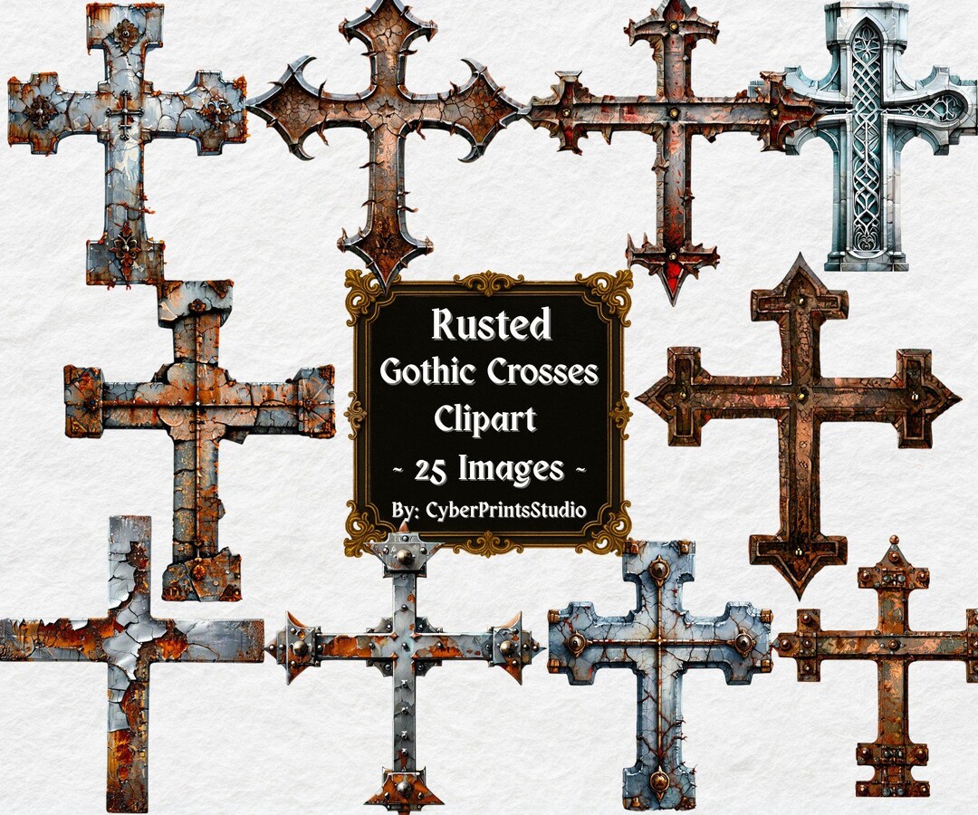 Rusted Gothic Cross Clipart PNG Bundle – 25 Distressed Industrial ...