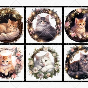 Kitten Floral Wreath Watercolor Clipart Bundle - PNG Sublimation ...