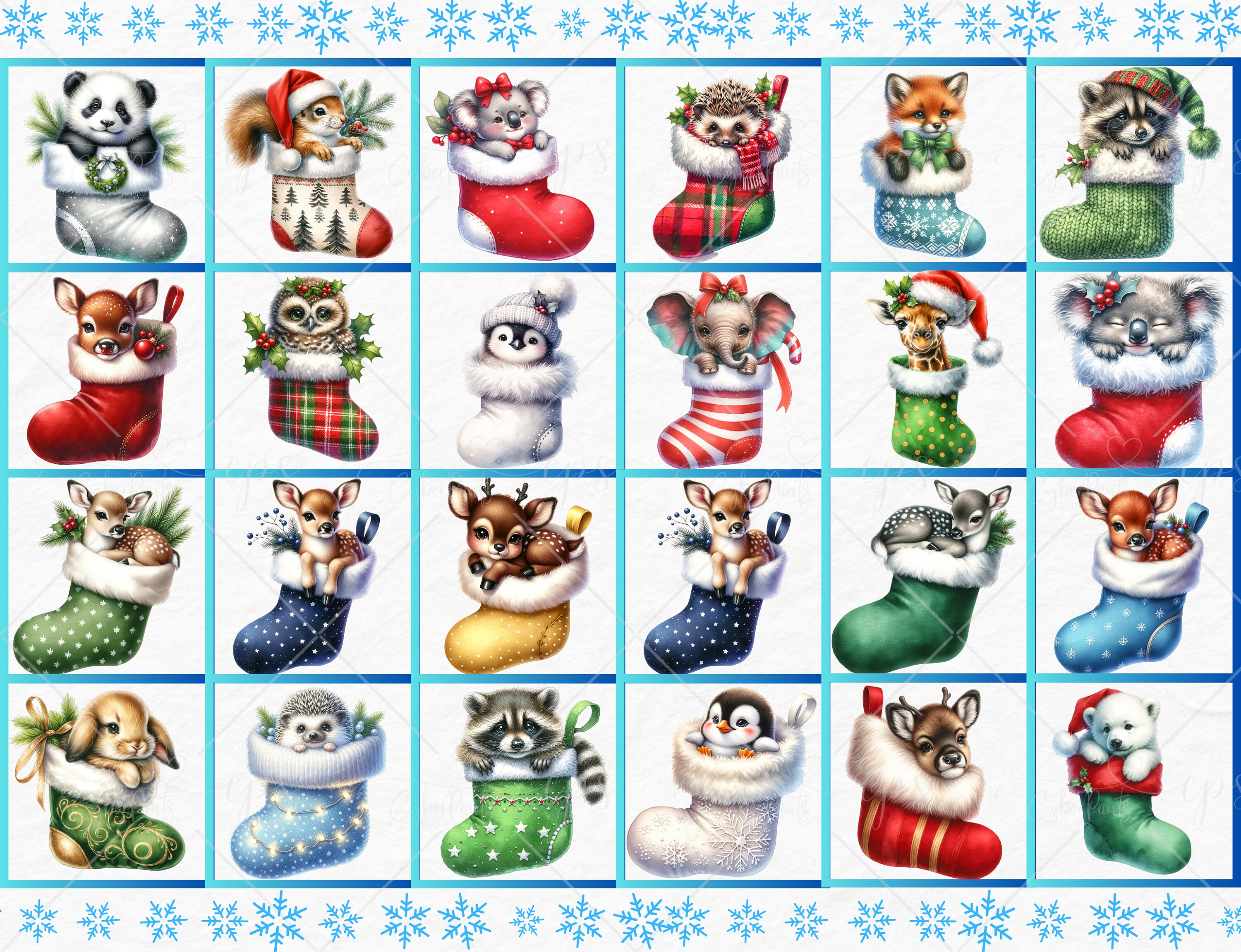 Christmas Critter Stockings, Cute Watercolor Xmas Animals, Holiday ...