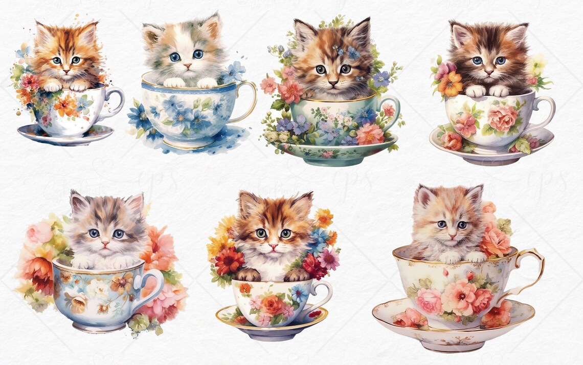 Watercolor Kitten in Teacup Clipart PNG Printable Floral Cat Tea Party ...