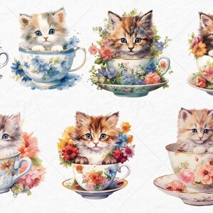 Watercolor Kitten in Teacup Clipart PNG Printable Floral Cat Tea Party ...