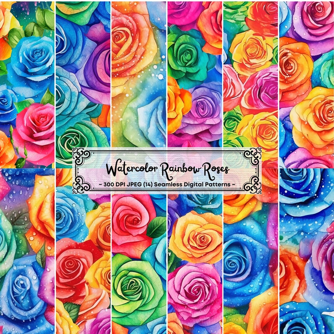 Rainbow Rose Digital Paper, Flowers Seamless Pattern, Floral Prints ...