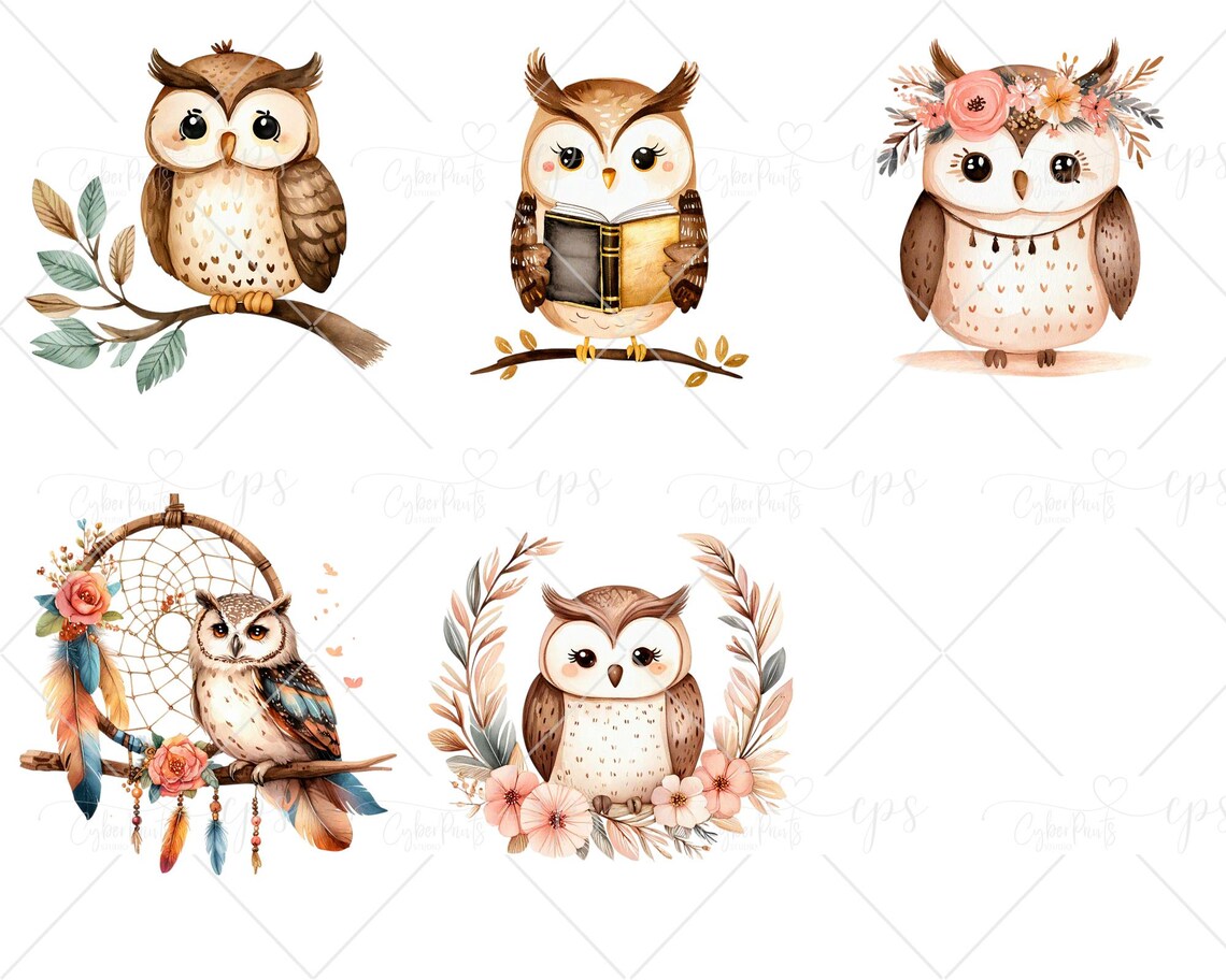 Boho Owl Clipart Bundle - 25 Watercolor PNG Owls With Floral Wreaths ...