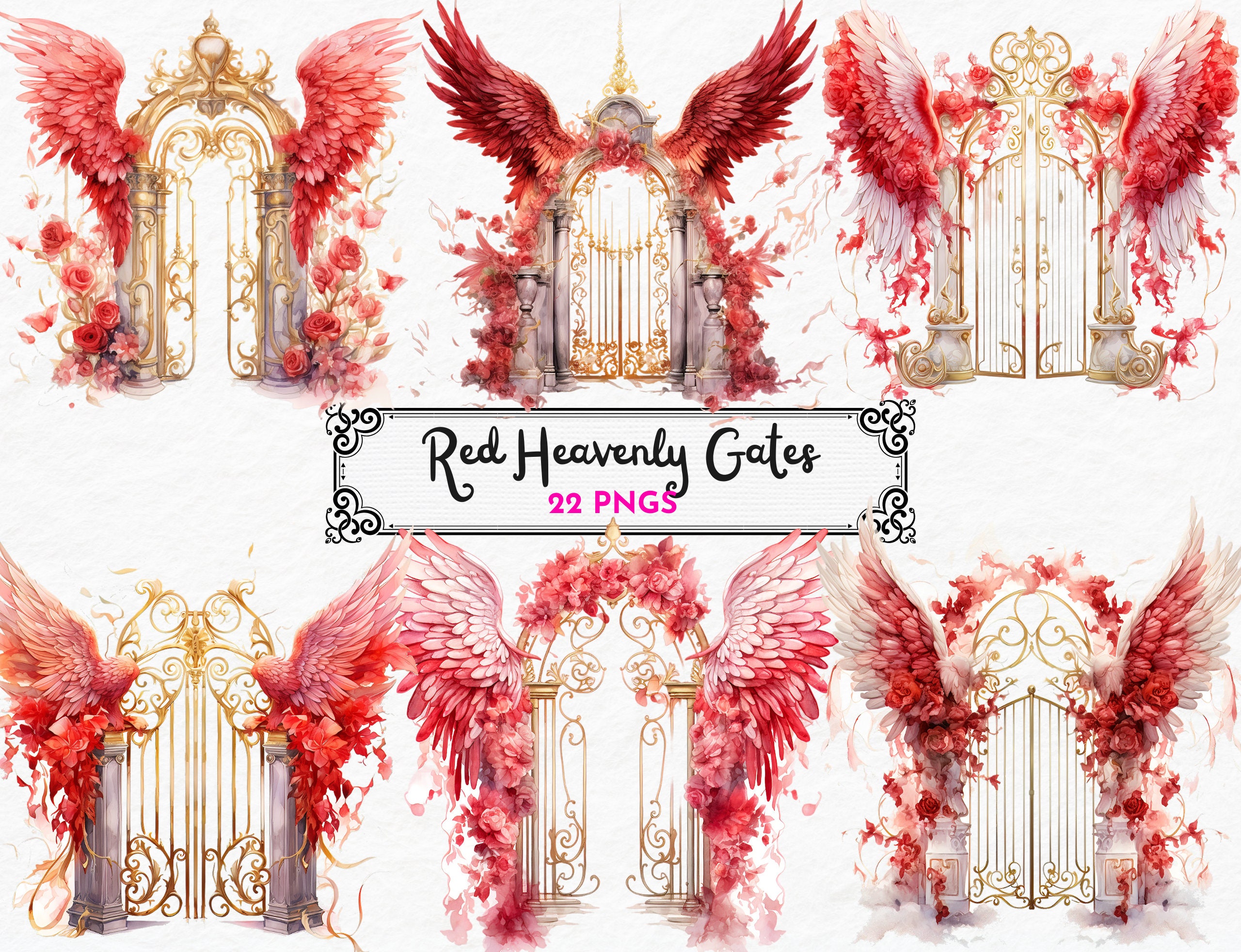 Watercolor Red Heavenly Gates Clipart - Ethereal Doors, Fantasy Heaven ...