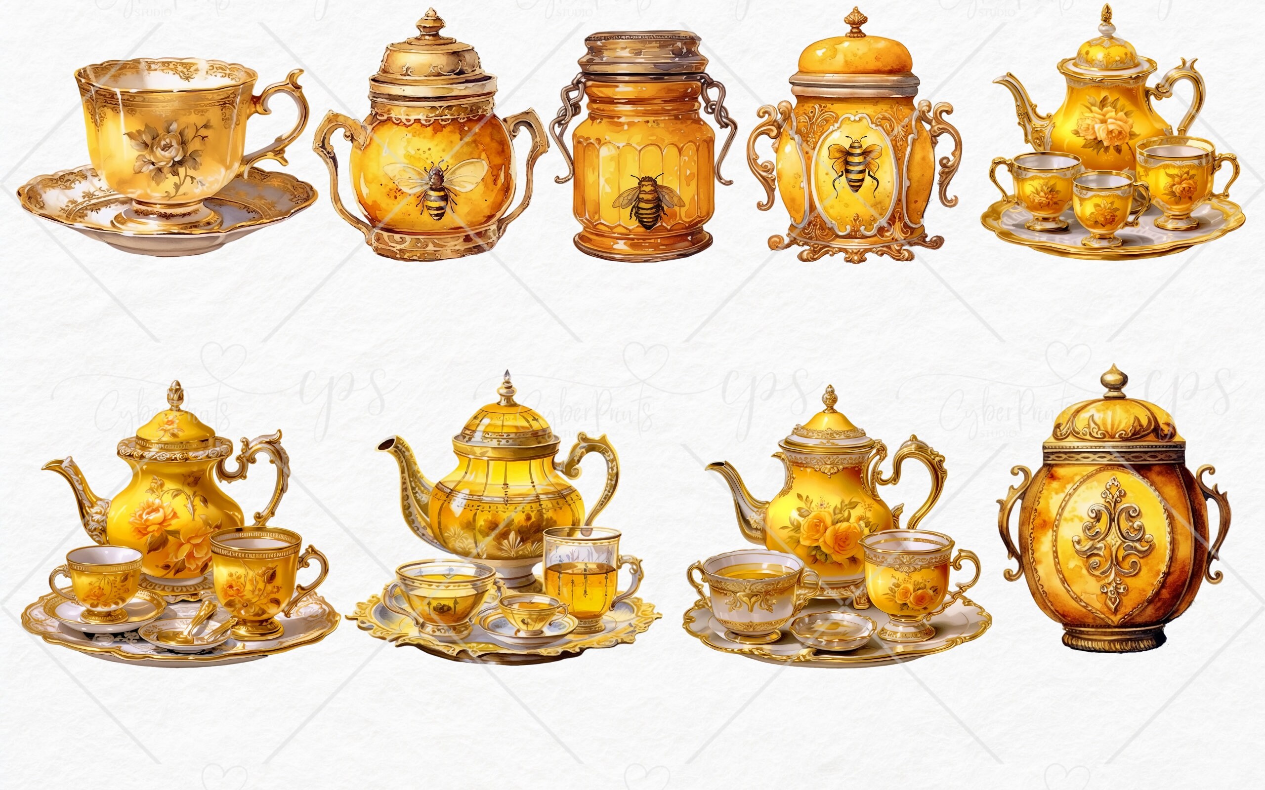 Watercolor Gold Tea Clipart, Honey Gold Tea Cups, Garden Tea Clip Art ...