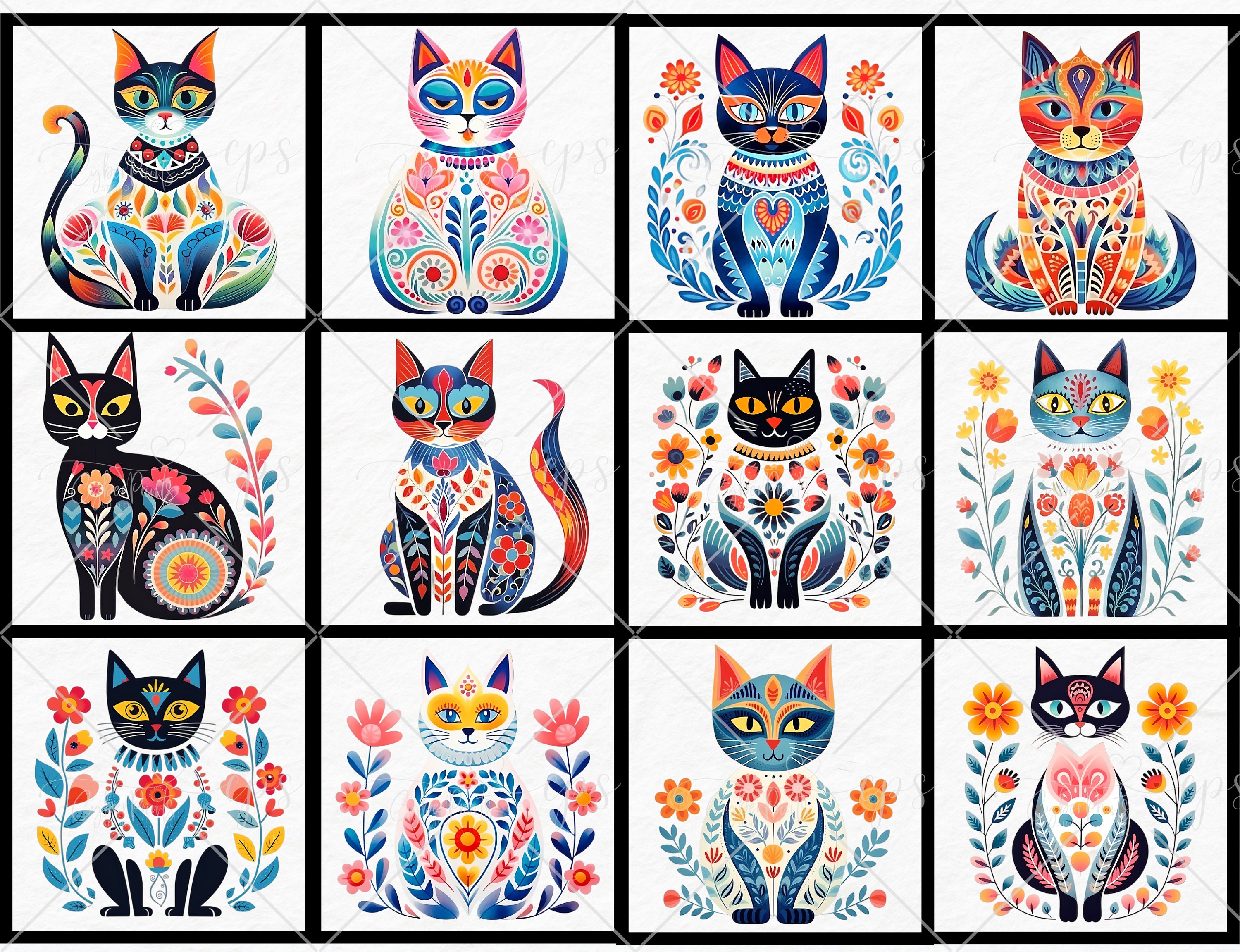 Vibrant Catclipart, Colorful Cat PNG, Detailed Cat, Floral Kitten PNG ...