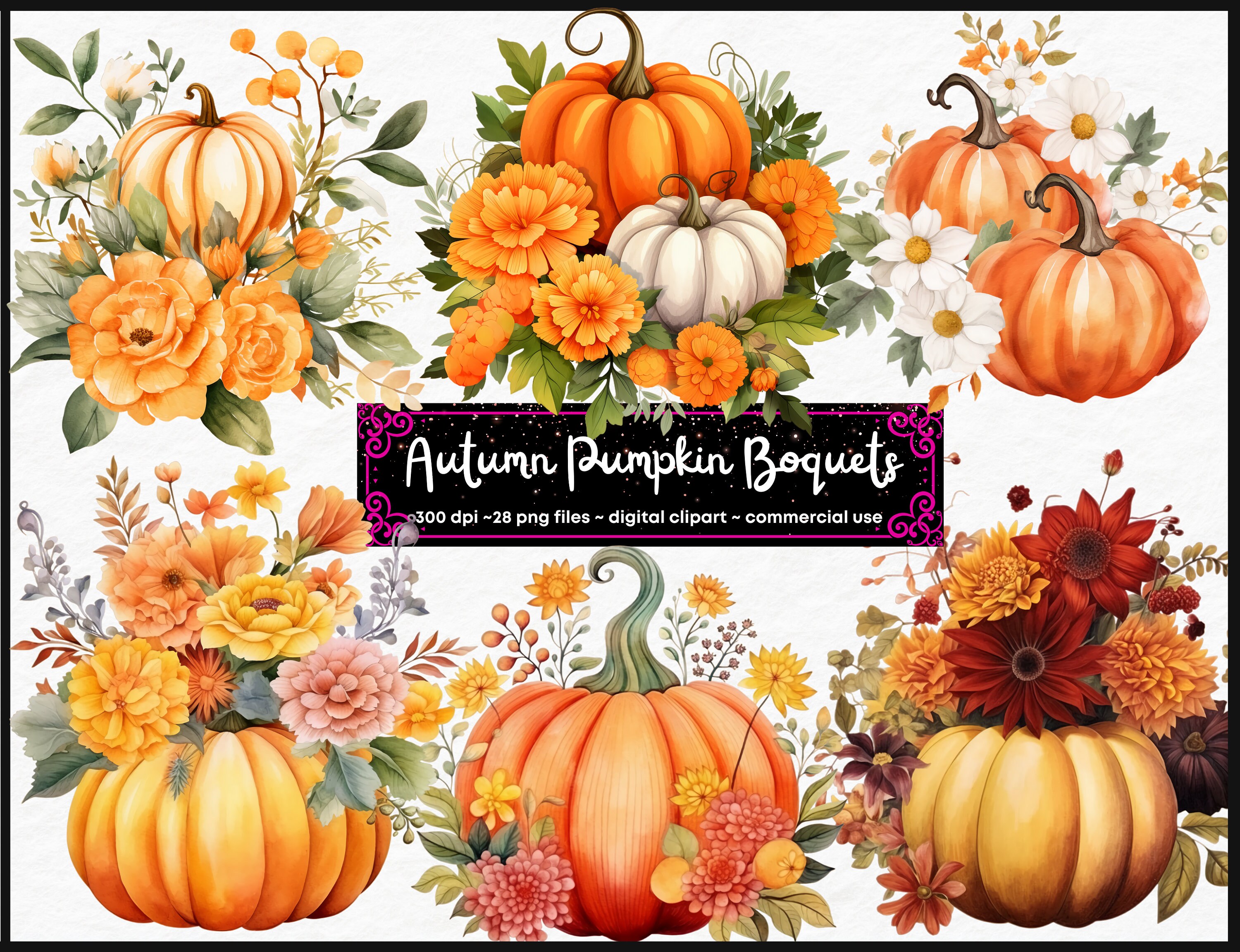 Watercolor Floral Pumpkin Bouquets Clipart Autumn Watercolor in PNG ...