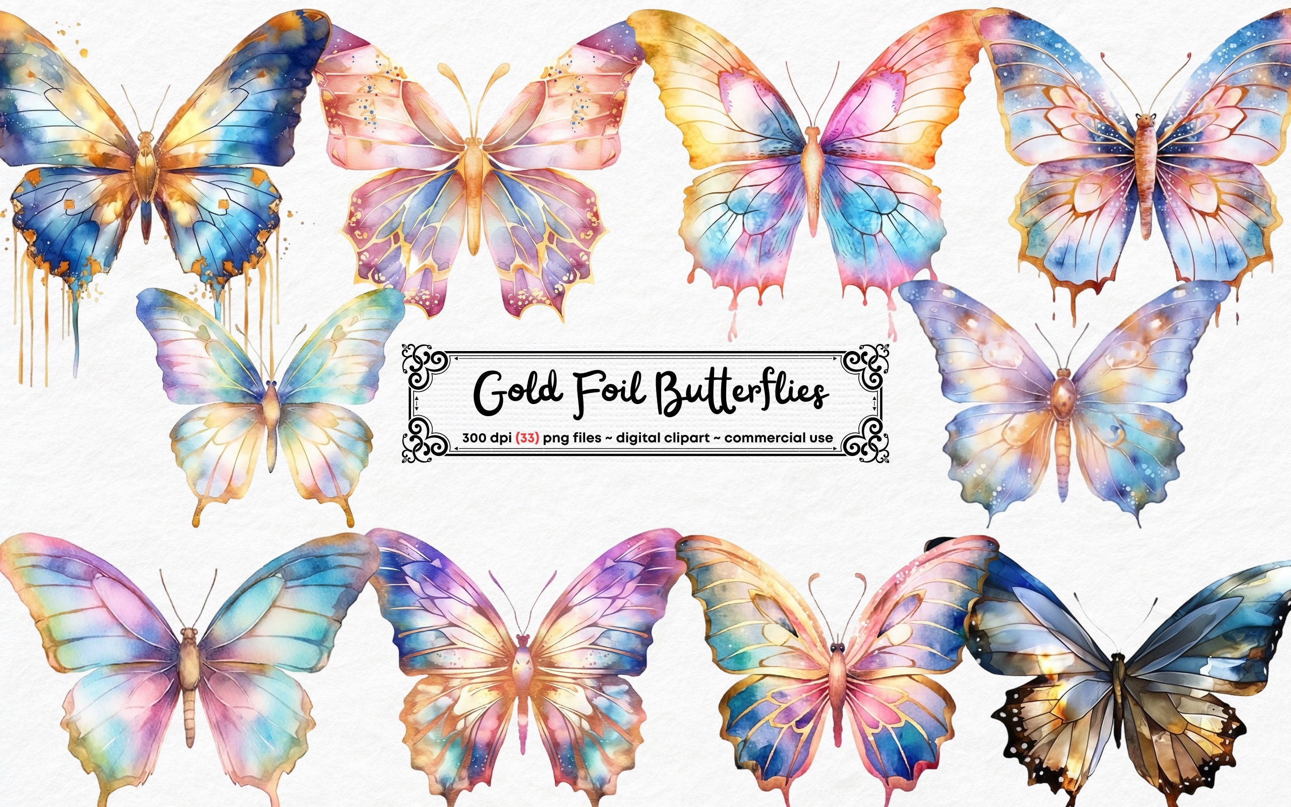Gold Foil Butterflies Clipart, Painted Butterfly Clipart, Butterfly ...