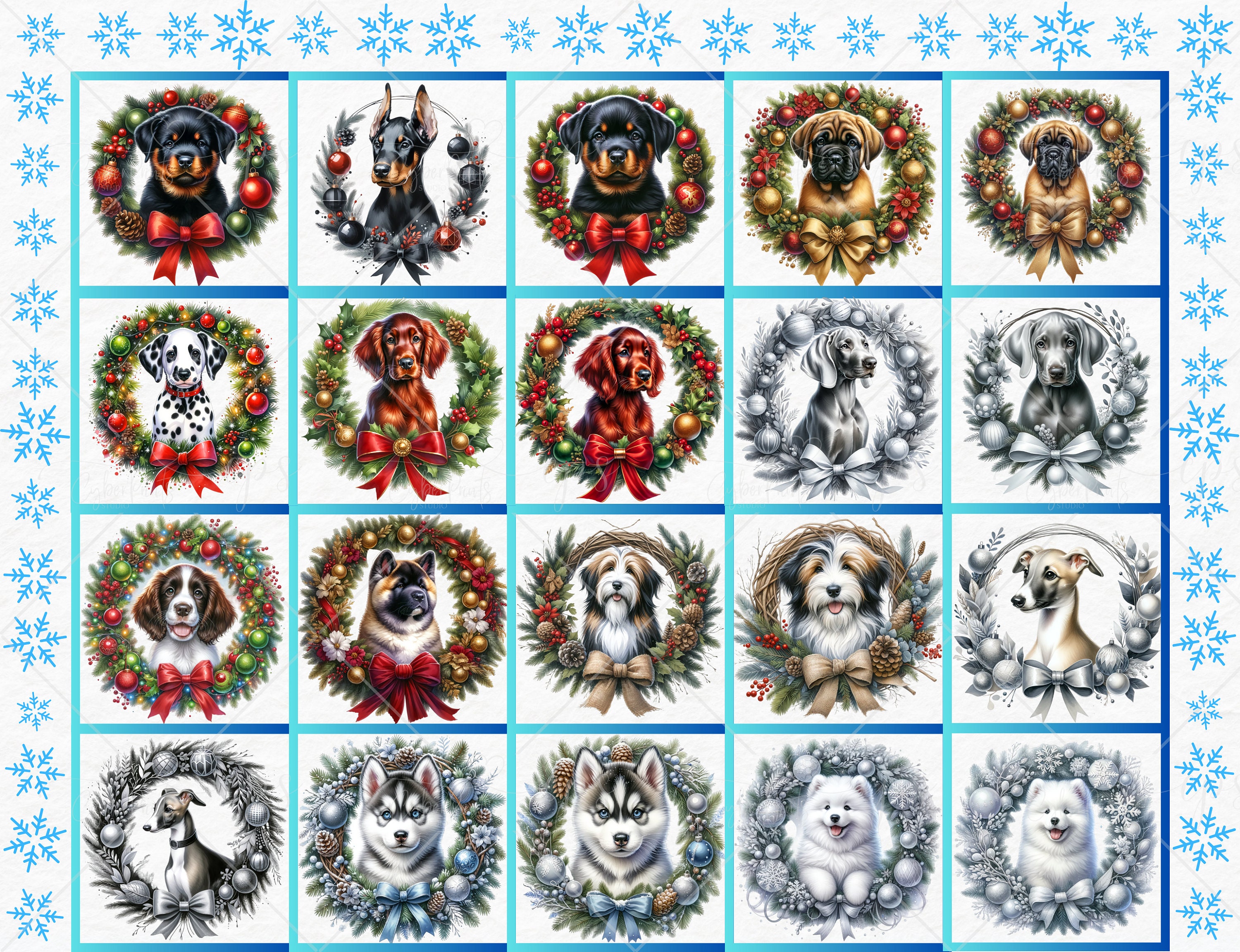 Christmas Puppy Wreaths Watercolor Dog Clipart Bundle 92 PNG Festive ...