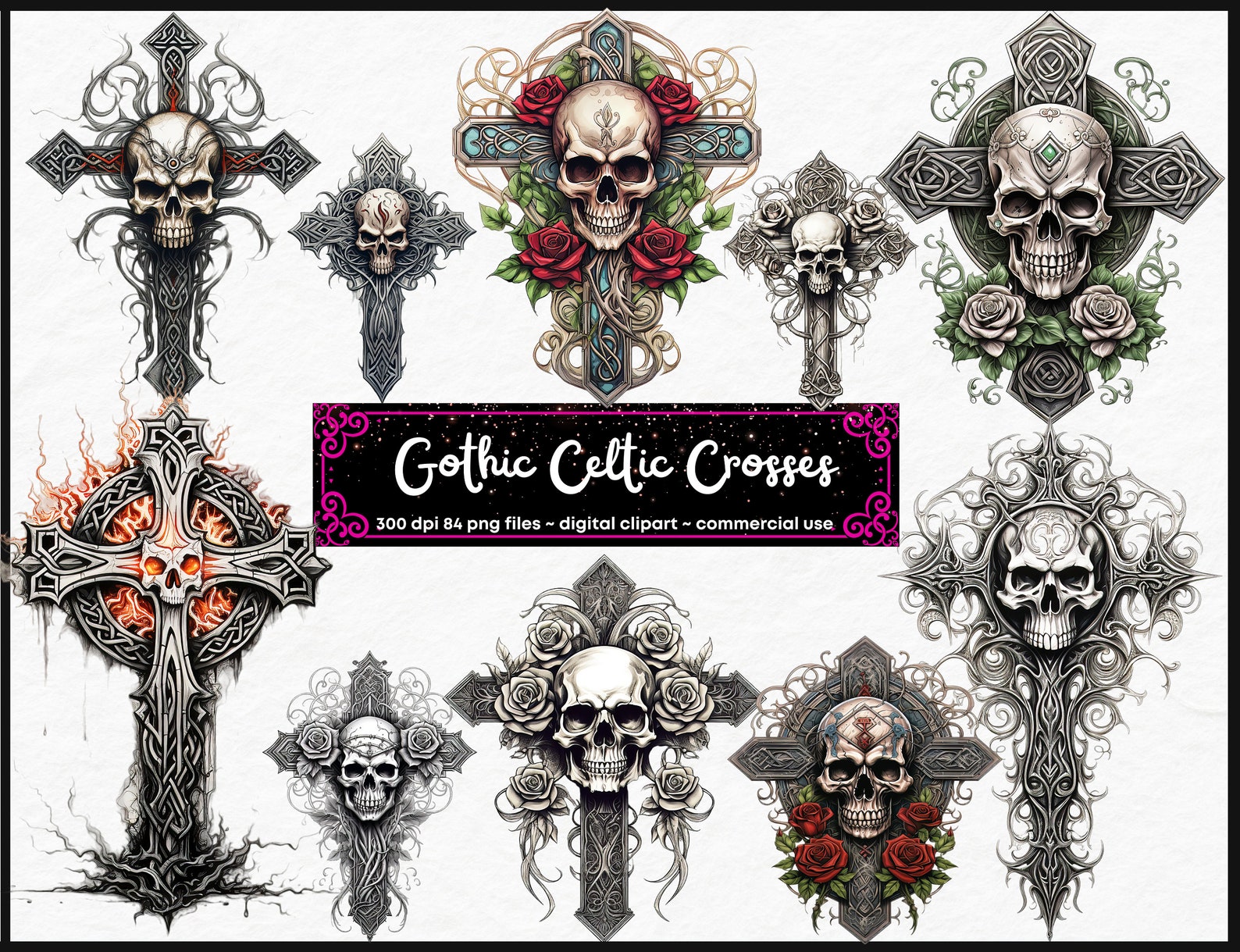 Celtic Skull Cross Clipart - Gothic Watercolor Crosses, Floral Cross ...