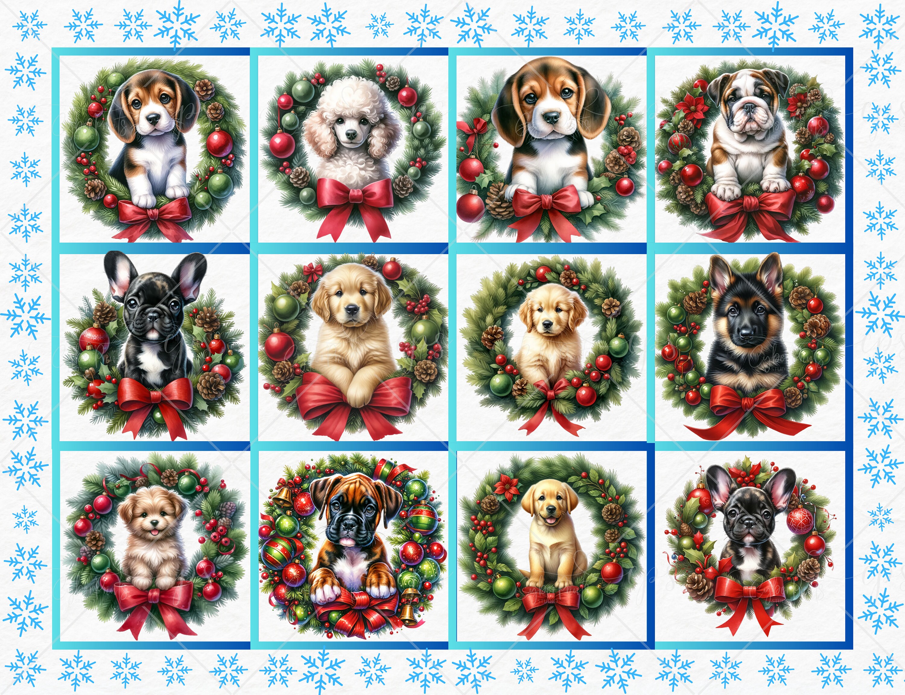 Christmas Puppy Wreaths Watercolor Dog Clipart Bundle - 92 PNG Festive ...