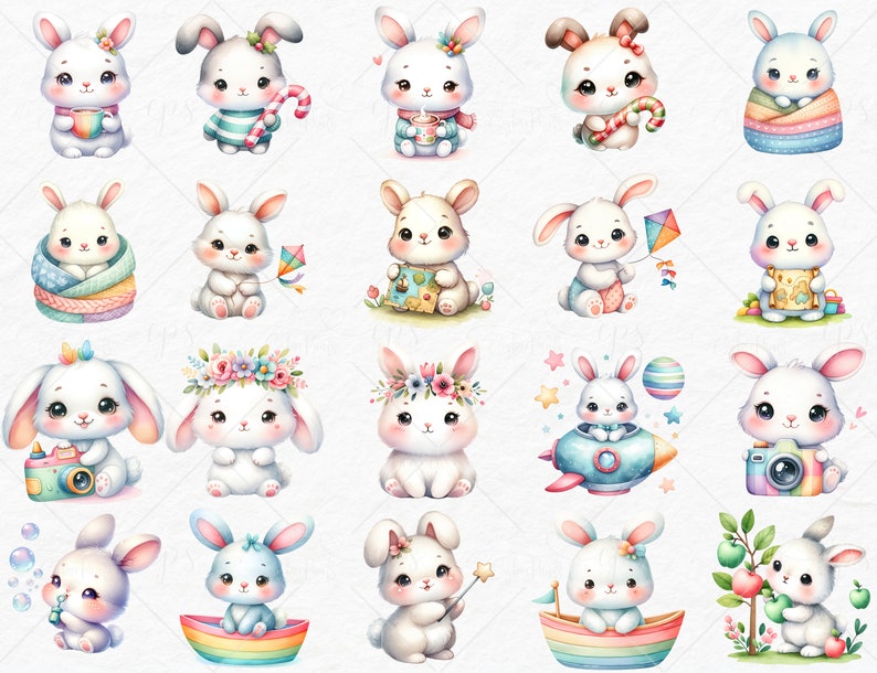 Bunnies Watercolor Clipart Bundle - 139 PNG Cute Adorable Bunny Images ...