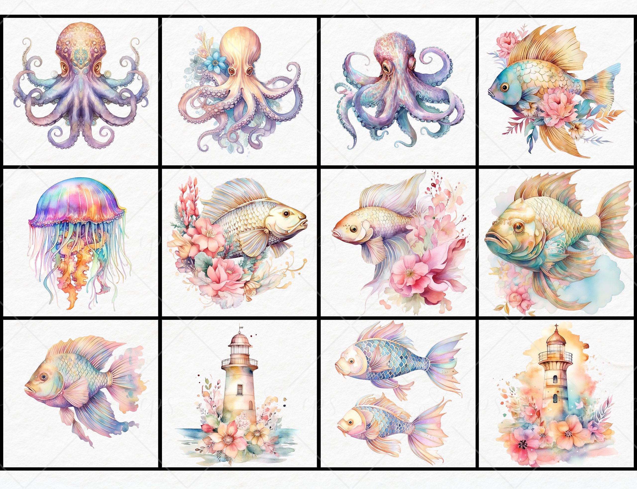 Watercolor Boho Nautical Clipart Ocean Beach Wedding PNG Format Instant ...