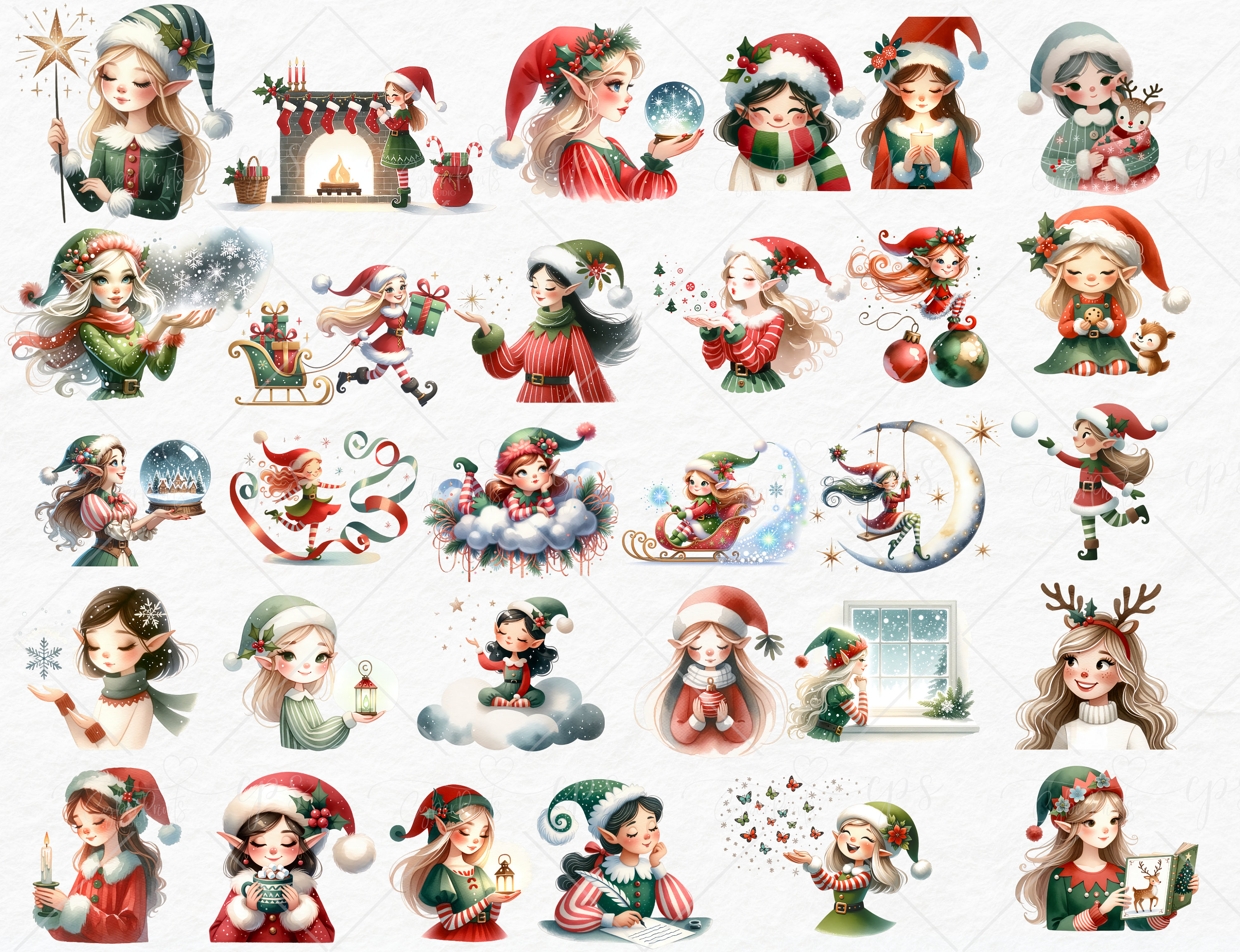 BIG BUNDLE Christmas Elves Watercolor Clipart, Festive Elf Christmas ...