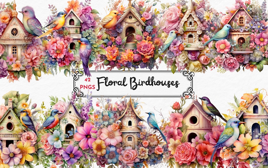 Watercolor Bird Houses Clipart - Springtime Cute Birdhouses and ...