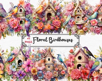 Watercolor Bird Houses Clipart, Springtime Cute Birdhouses and Blossoms ...