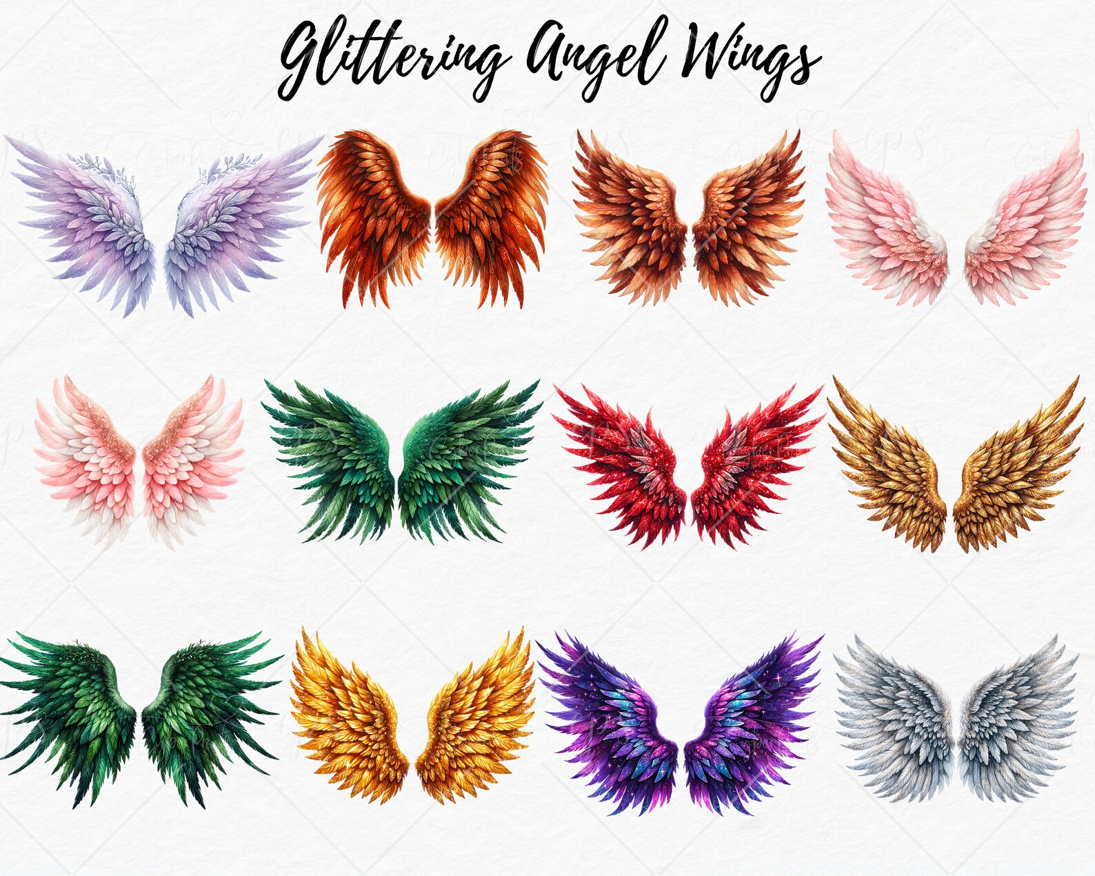 Glittering Angel Wings Clipart, Glitter Watercolor Clipart, Feather ...