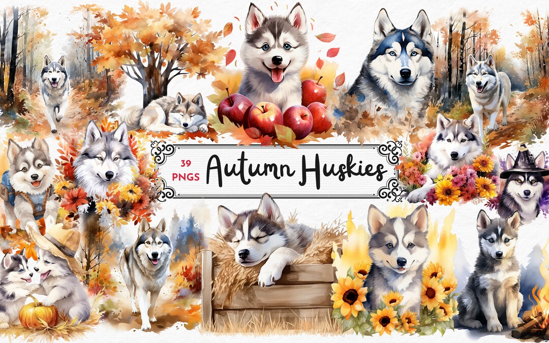 Watercolor Husky in Autumn, Autumn Husky, Fall Husky, Husky Halloween ...