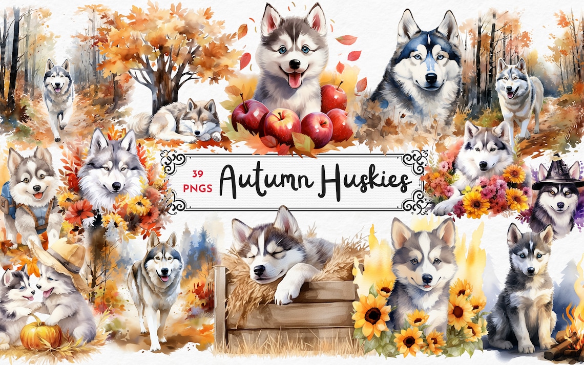 Watercolor Husky in Autumn Autumn Husky Fall Husky Husky - Etsy