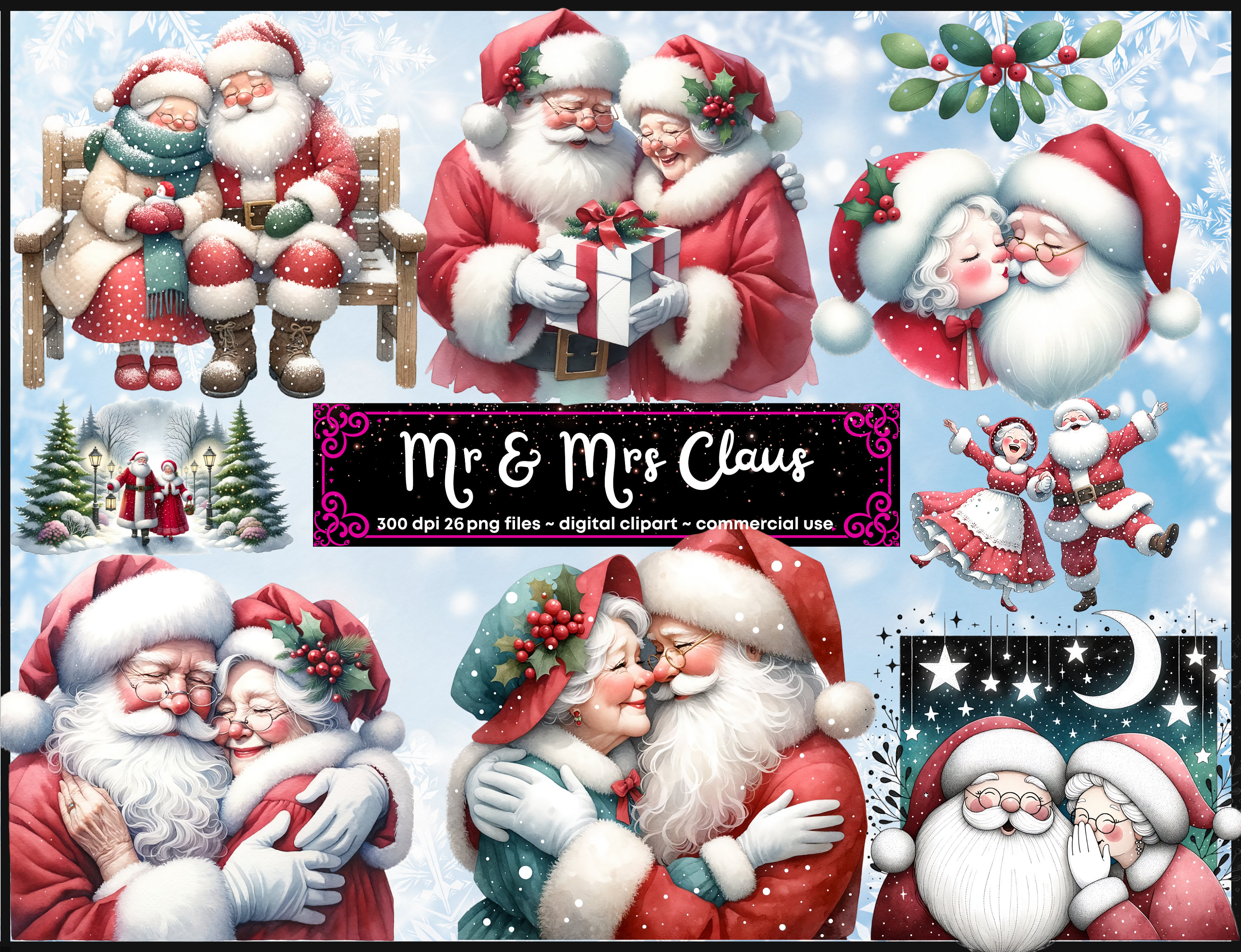 Mr and Mrs Claus Clipart, Santa, Christmas, Love and Romance, Holiday ...