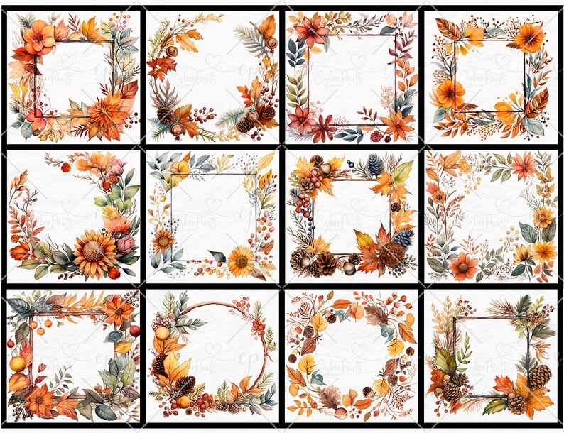 Autumn Frames Watercolor Clipart Bundle PNG Fall Flowers Frame Images ...