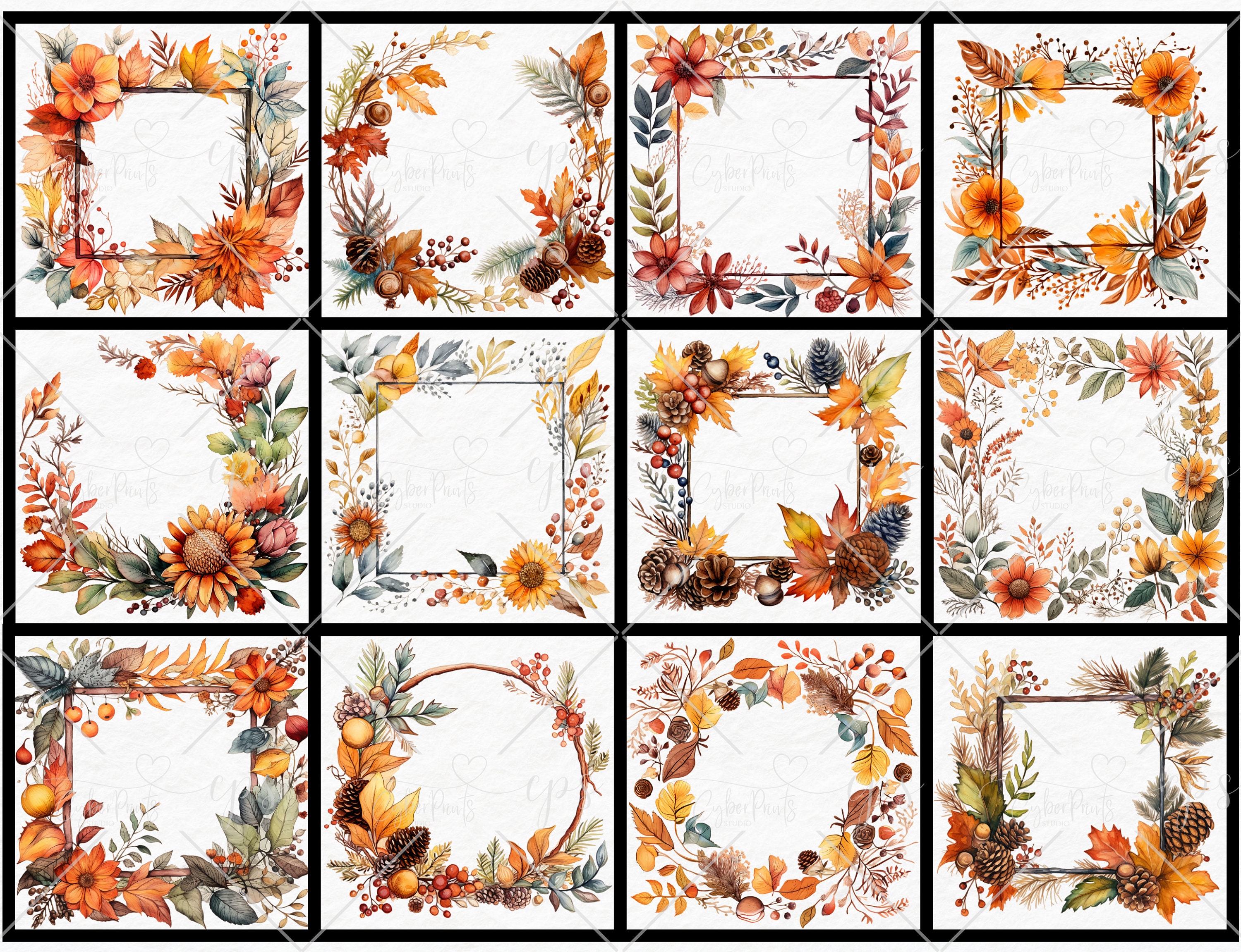 Autumn Frames Watercolor Clipart Bundle PNG Fall Flowers Frame - Etsy