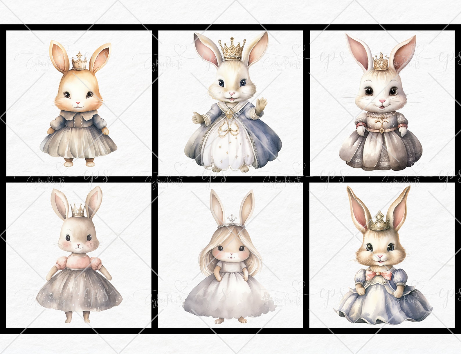 Princess Bunnies Watercolor Clipart Png, Rabbit, Bunny Png, Cute Bunny ...