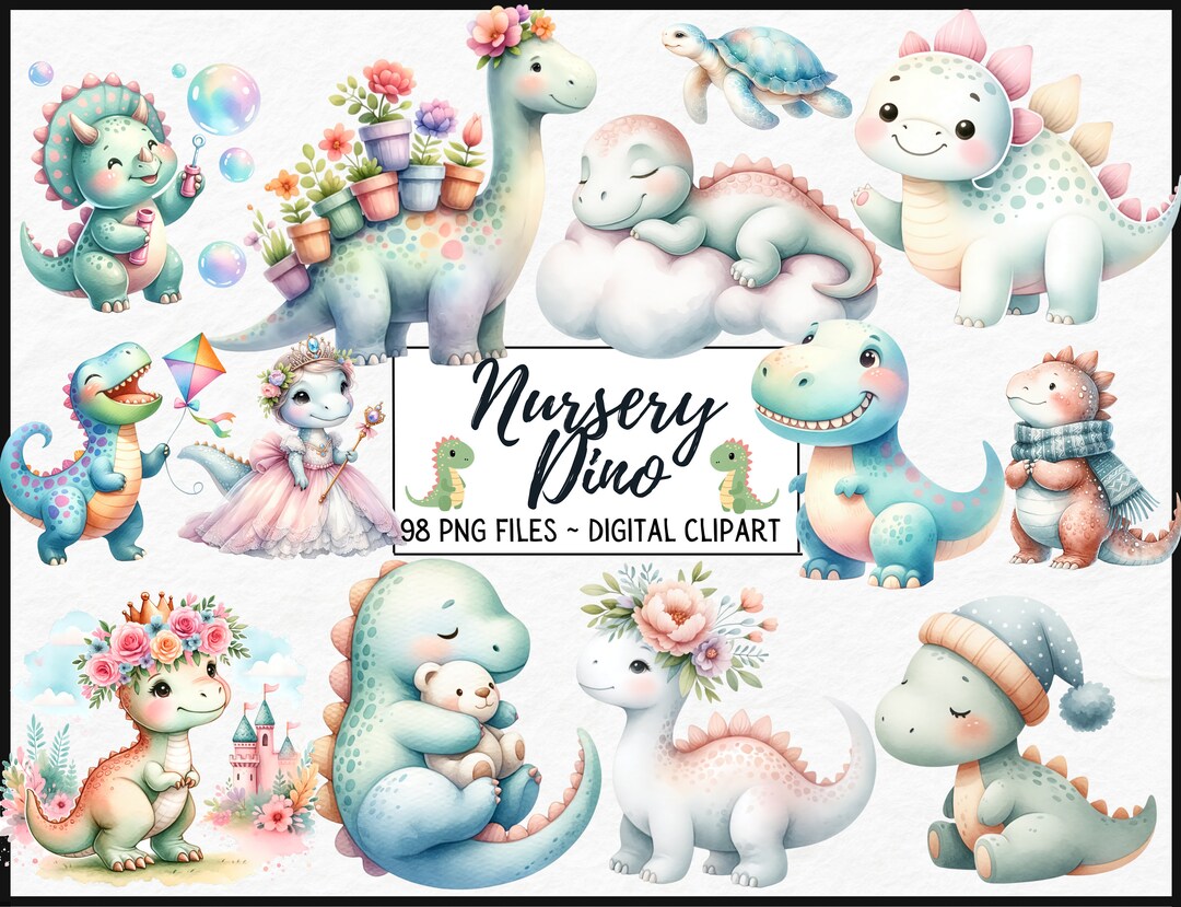 Baby Dinosaur Watercolor Clipart, Nursery Decor, Baby Shower, Cute Dino ...