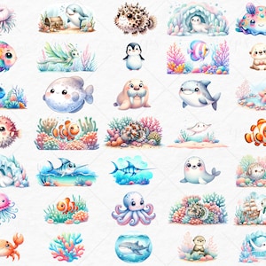 Sea Animals Watercolor Clipart Bundle - 238 PNG Cute Marine Animal ...