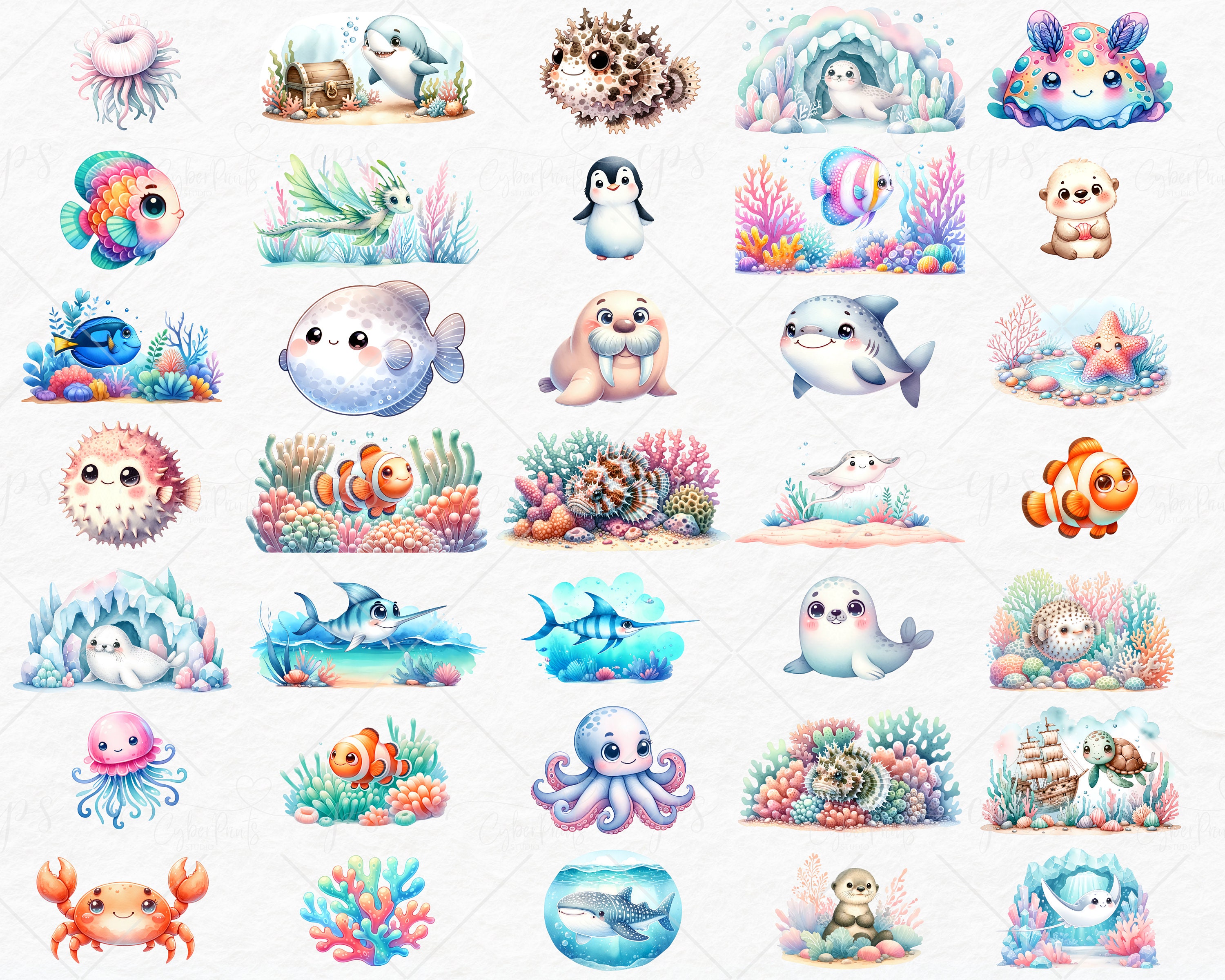 Sea Animals Watercolor Clipart Bundle - 238 PNG Cute Marine Animal ...