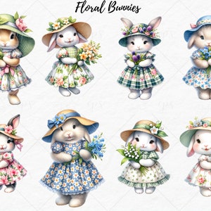 Floral Bunnies in Dresses, Watercolor Clipart Png, Rabbit, Bunny Png ...