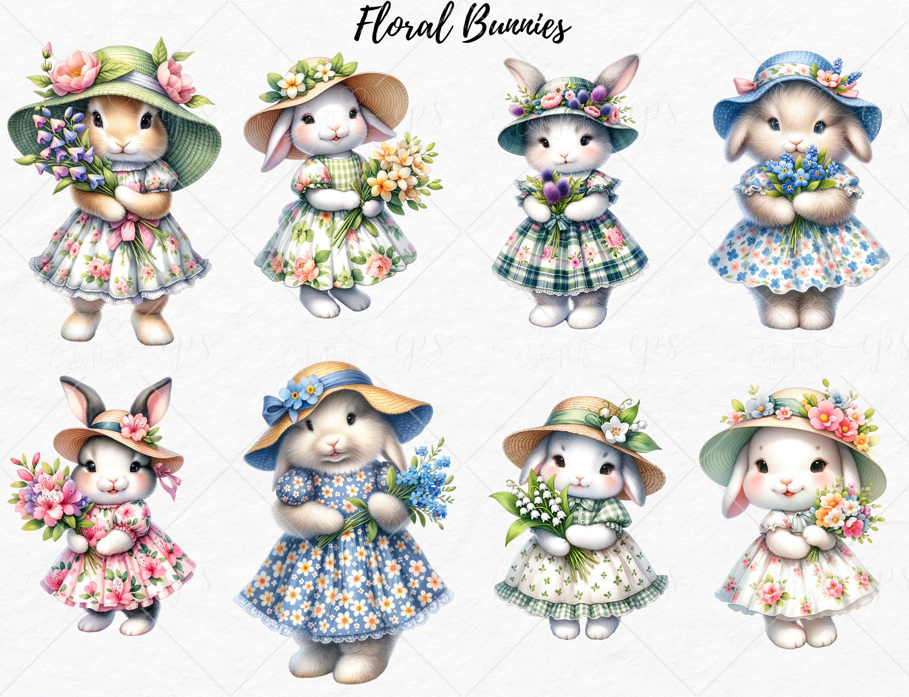 Floral Bunnies in Dresses, Watercolor Clipart Png, Rabbit, Bunny Png ...
