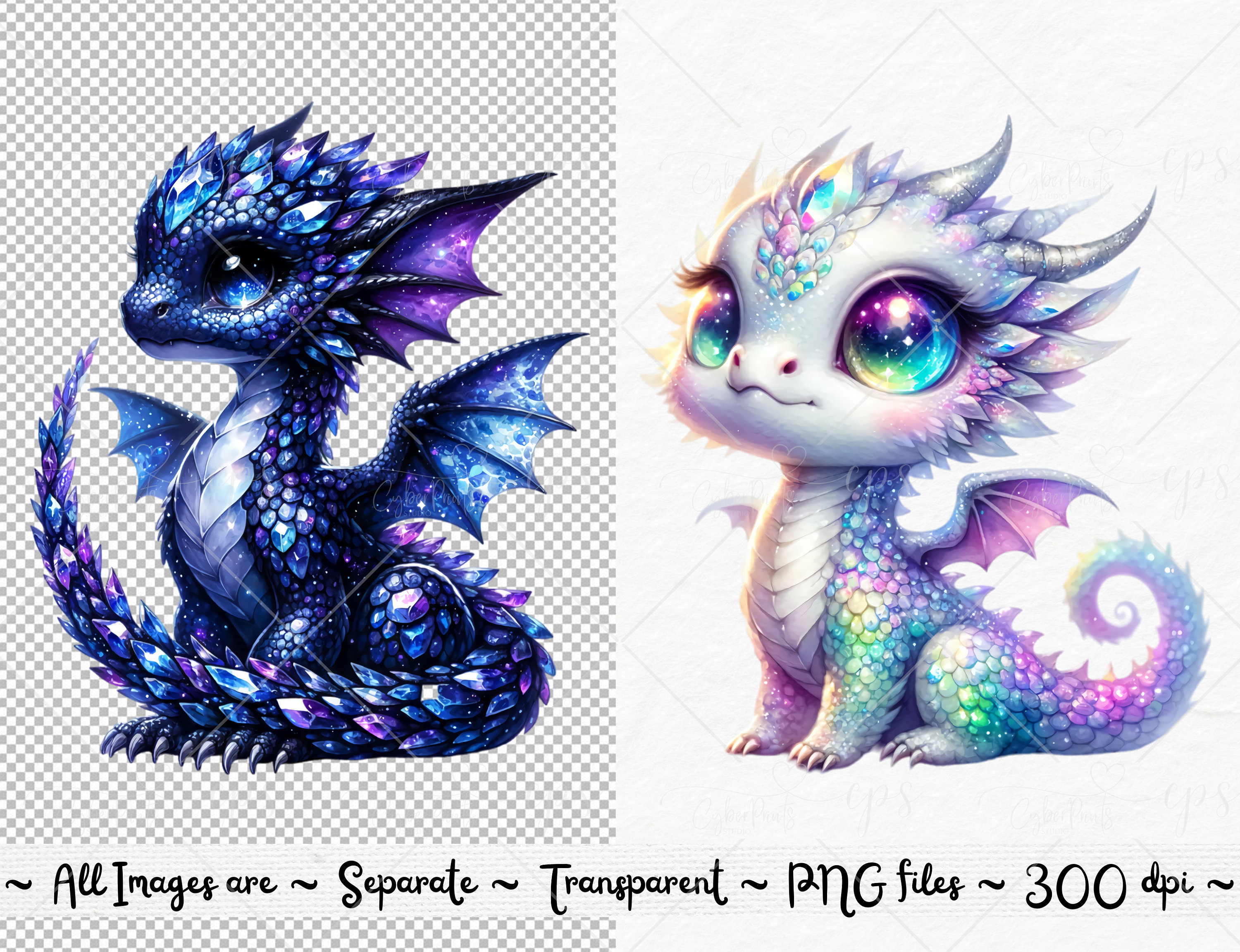 Glittering Baby Dragons Clipart Bundle - Fantasy Illustrations, Cute ...