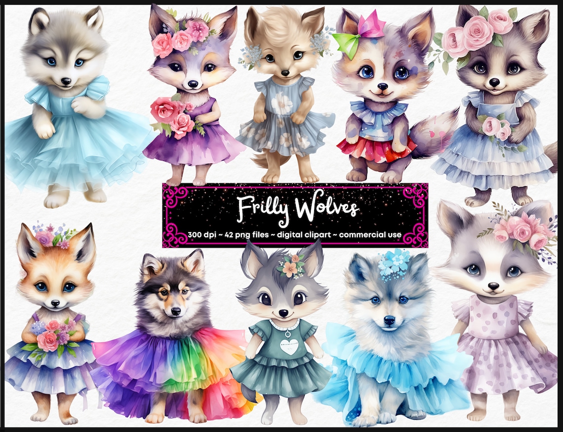 Watercolor Cute Wolf in Dress Clipart Cartoon PNG Wolves - Etsy