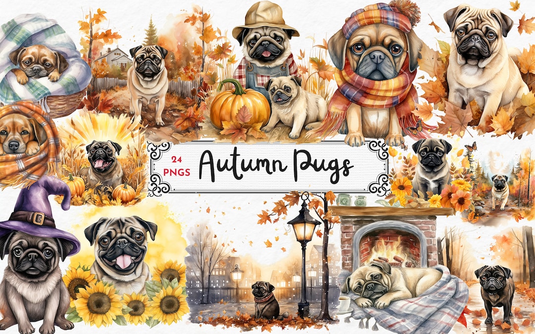 Watercolor Pugs in Autumn, Halloween Dogs in Autumn, Instant Download ...